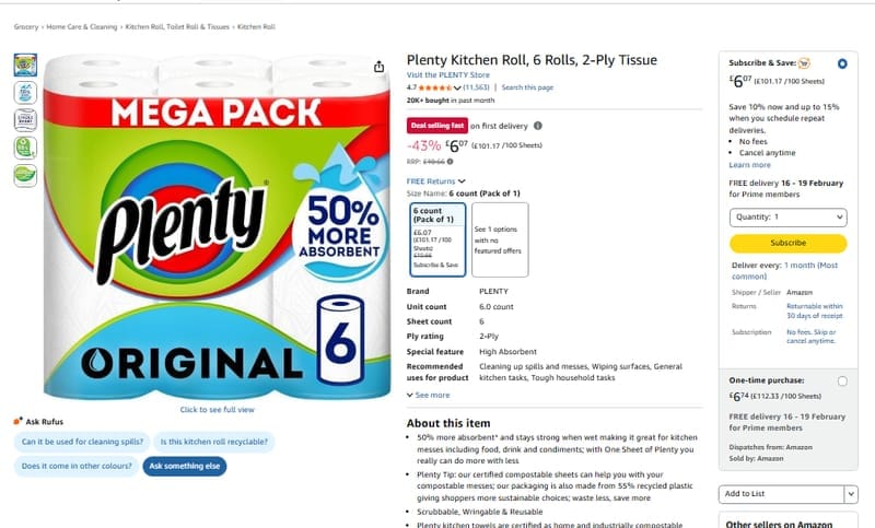 Plenty Kitchen Roll, 6 Rolls, 2-Ply, £6.07 at Amazon