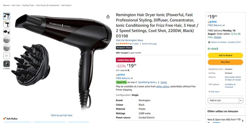 Remington Ionic Hair Dryer, 2200W, with Diffuser & Concentrator, £19.99 ...