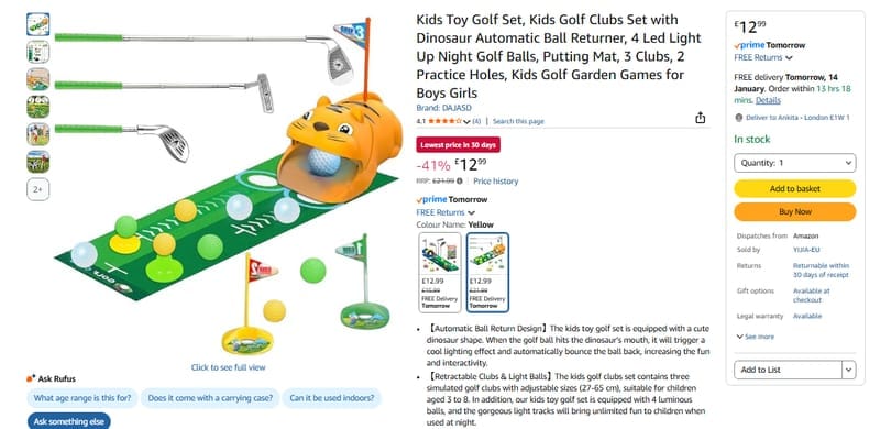 Kids Toy Golf Set with Dinosaur Ball Returner and Light-up Balls, £12. ...