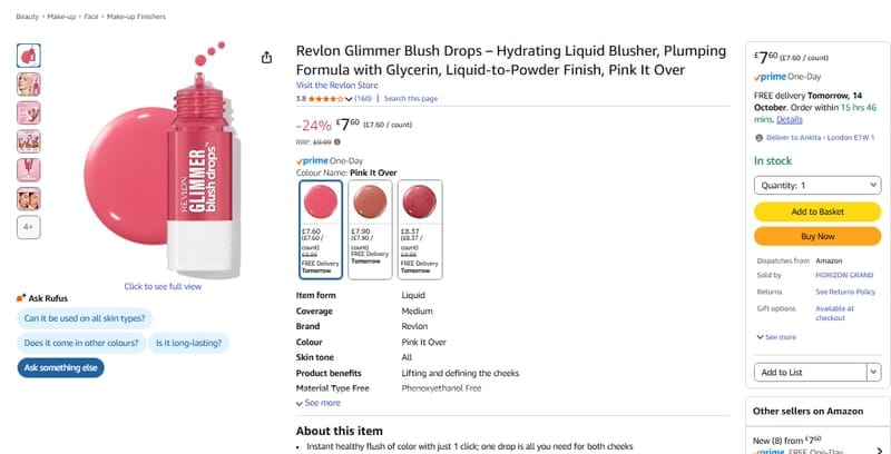 Revlon Glimmer Blush Drops Hydrating Liquid Blusher, Pink It Over, £7. ...