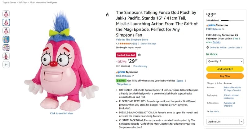 Jakks Pacific Simpsons Funzo Talking Plush, Grift of the Magi, £29.87 ...