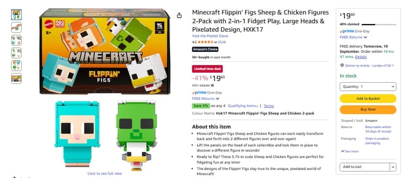 Minecraft Sheep & Chicken Figure 2-Pack with Fidget Play, £19.60 at Amazon