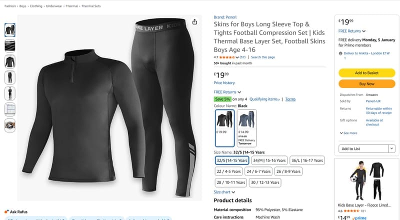 Boys Football Compression Set Long Sleeve Top & Tights, £9.99 at Amazon