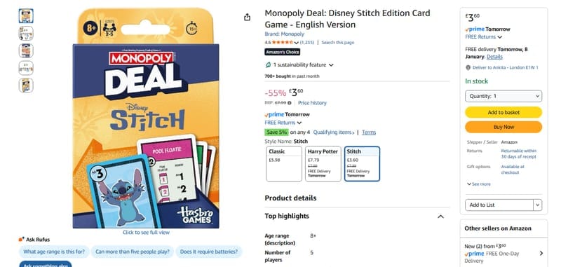 Disney Stitch Monopoly Deal Card Game, £3.60 at Amazon