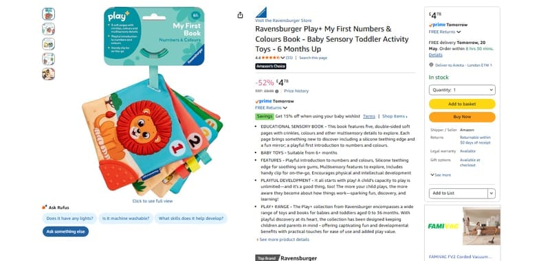 Ravensburger Play+ My First Numbers and Colours Book, 6 Months+, £4.78 ...
