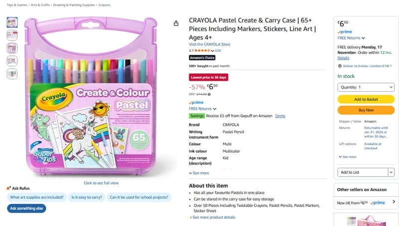 CRAYOLA Pastel Create & Carry Case, 65+ Pieces for Ages 4+, £6.50 at Amazon