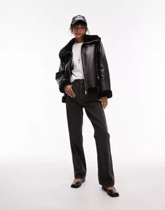 Topshop Faux Leather Shearling Zip Front Oversized Aviator Jacket, £44 ...