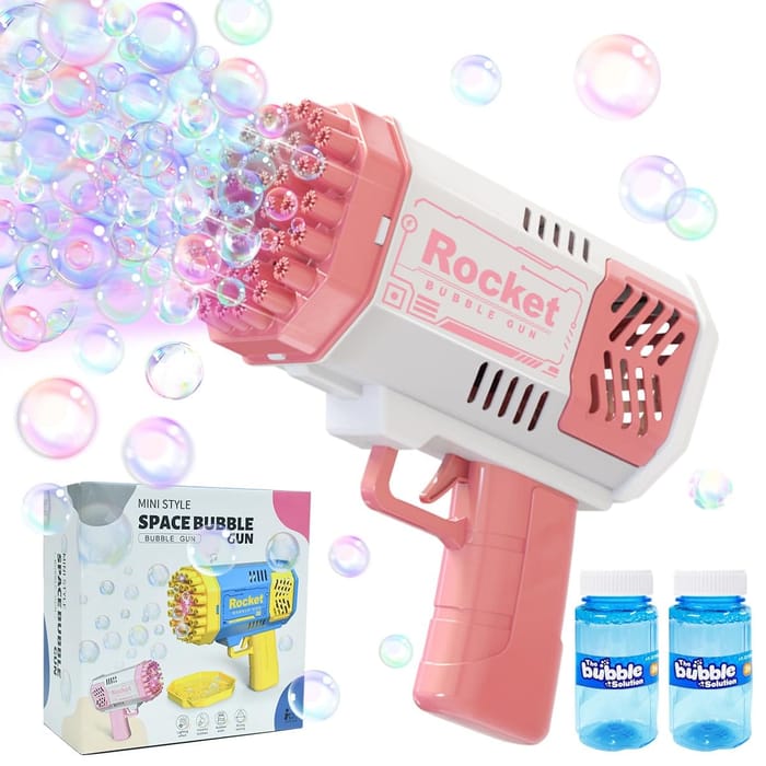 DEAL STACK - Kids Bubble Gun, 40-Hole Machine, Colorful Lights, Pink, £ ...