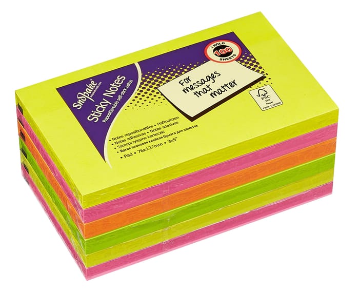 Snopake Neon Sticky Notes, 6 Pads, 100 Sheets Each, £5.03 at Amazon