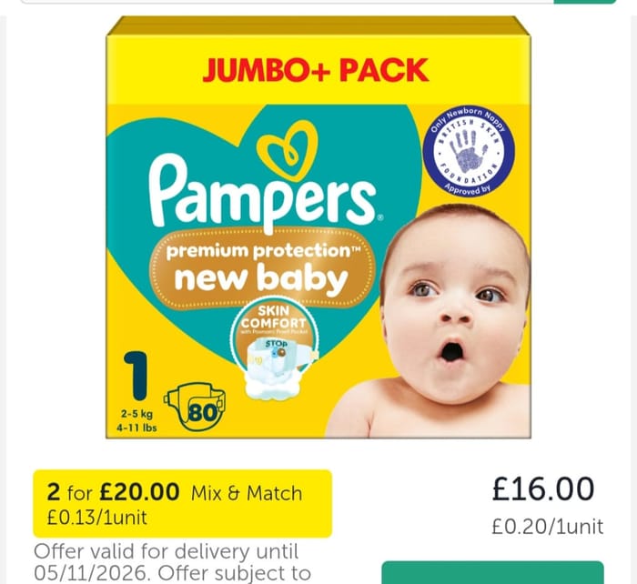 2 Packs Pampers Premium Protection New Baby Size 1, 80 Nappies, 2kg-5kg ...